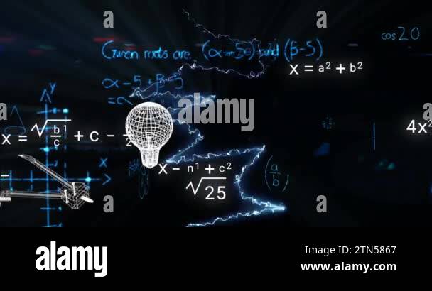 Animation of icons over mathematical equations and lightning on black ...
