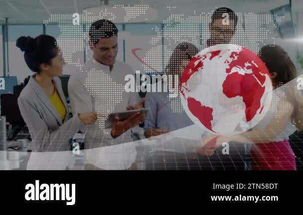 Animation of globe and dots forming maps over diverse coworkers ...