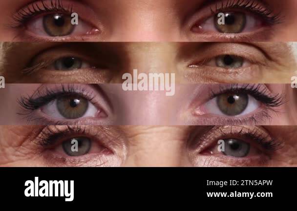 Video collage made of close-up images of different peoples eyes ...