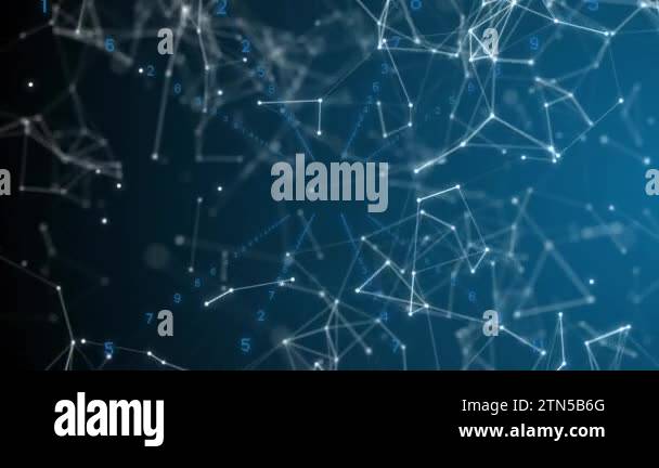 Animation of connected dots forming abstract shapes over changing numbers on blue background ...