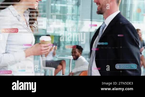 Animation of notification icons and graphs over cheerful caucasian ...