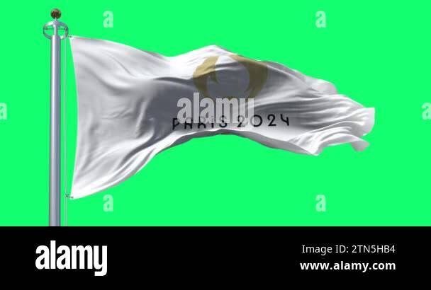 Paris, FR, May 23 2023: Paris 2024 Olympics Games flag waving solated ...