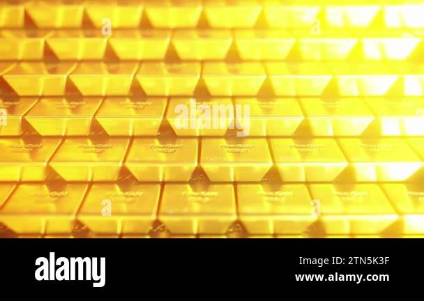 Close-up view of fine gold bar stacks Seamless loop 4k cg 3d animation ...