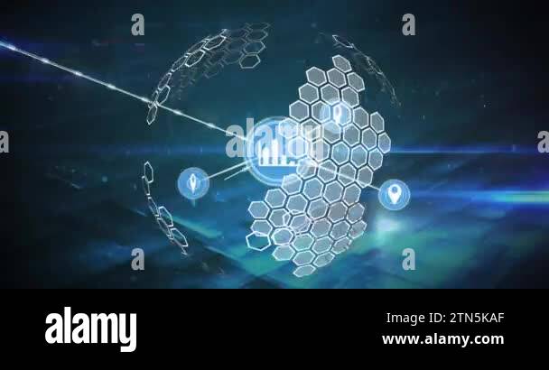 Animation of connected icons and hexagons on rotating globe over lens flares on abstract ...