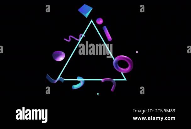 Animation of abstract 3d shapes over triangle and black background. Communication, data ...