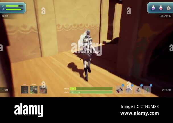 Mock-up of 3D video game gameplay. Character runs and kills enemies in ancient city. 3D ...