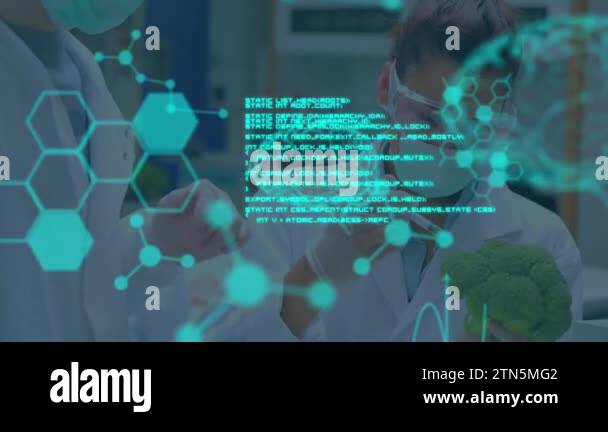 Animation of computer language, human brains over diverse scientists injecting liquid in ...