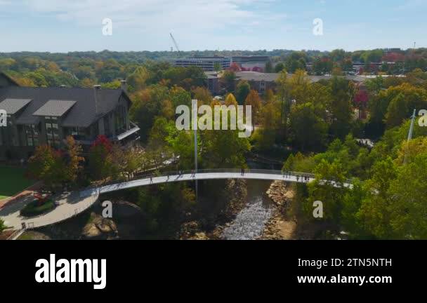 Aerial view of Reedy River Waterfalls in downtown of Greenville city in South Carolina. Falls ...