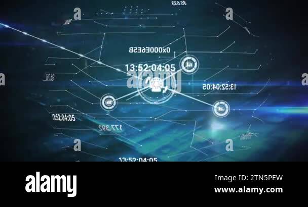 Animation of connected icons, changing numbers over lines forming globe against abstract ...