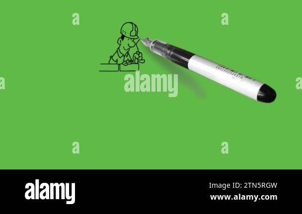 draw mason man construct wall with brick, sand and his tools with black ...