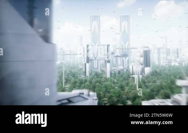 Futuristic city. 3d people and robots. Future concept. Realistic 4k ...
