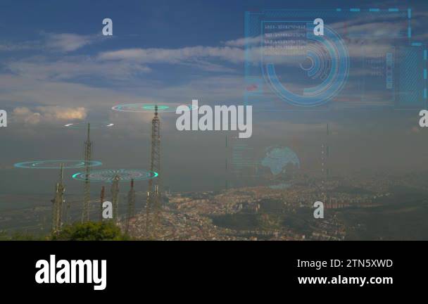 Closeup aerial view around of the telecommunication tower. Telecom tower antennas and satellite ...