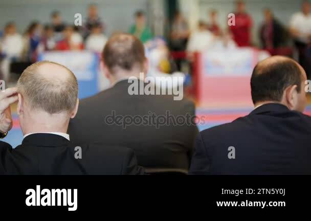Martial art competitions - three bald men coaches looking at karate ...