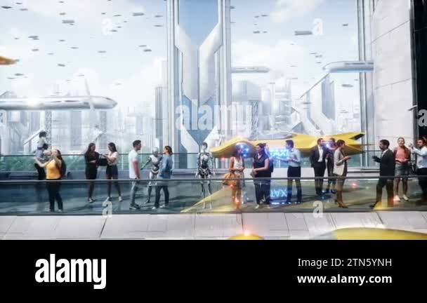 Futuristic city. 3d people and robots. Future concept. Realistic 4k ...
