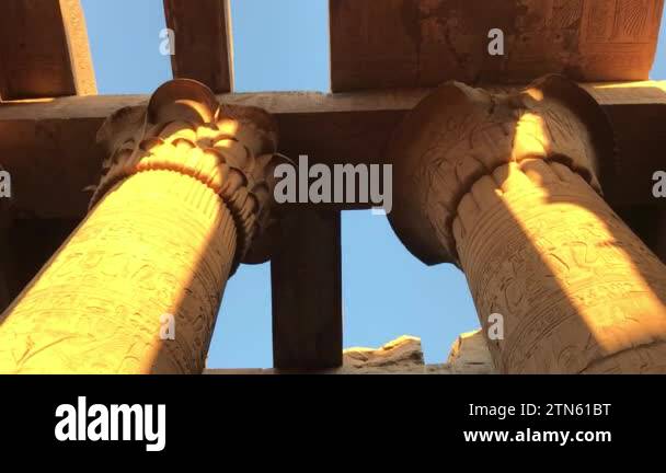 Preserved papyrus shaped column and ceiling at Kom Ombo Temple, Egypt ...