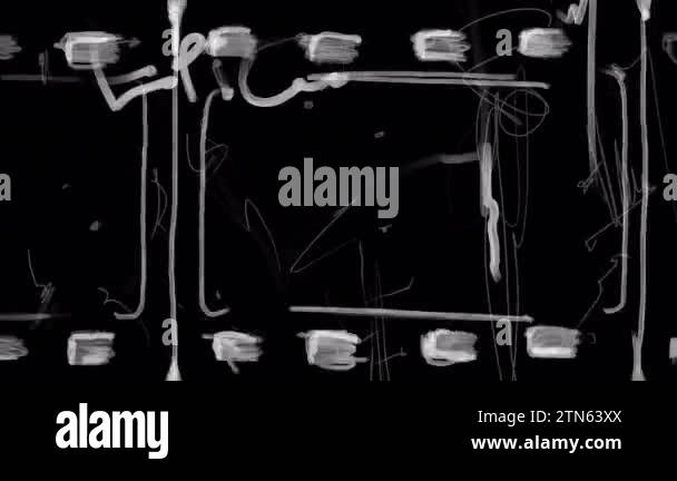 Doodle cinematic retro film with white damage on black screen. Stock retro effect for overlay ...