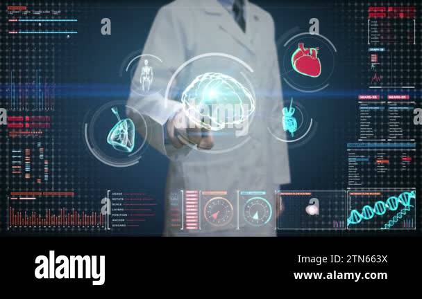 Doctor touching digital screen, Scanning brain, heart, lungs, internal ...