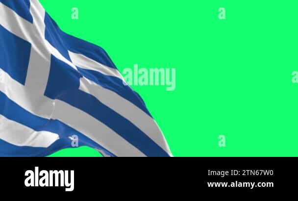 Flag of Greece waving on green screen. Blue and white stripes with a ...