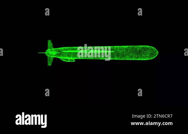 3D cruise missile rotates on black background. Object made of ...