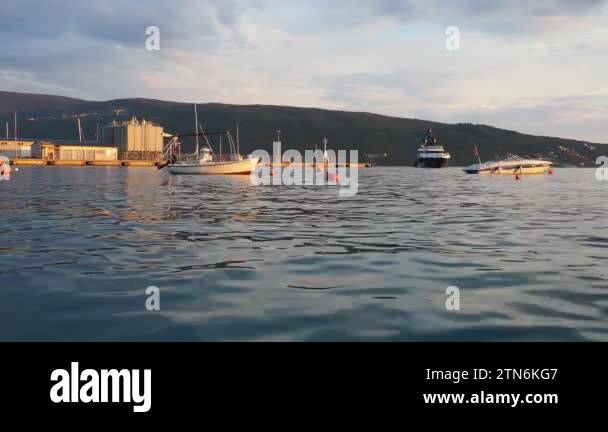 Zelenika, Herceg Novi, Montenegro, 08.13.2022 Boats are at anchor, a ...