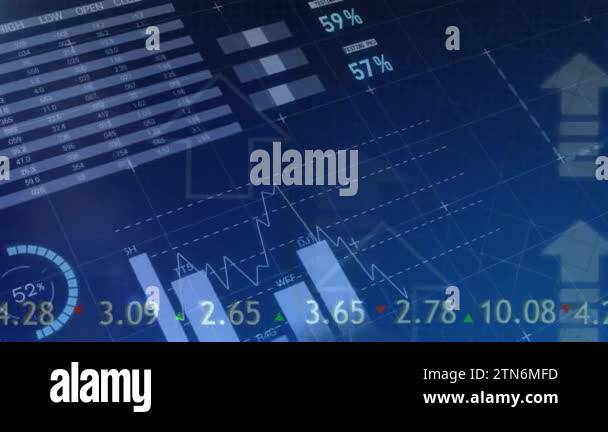 Animation of statistical data processing and arrow icons moving upwards against blue background ...