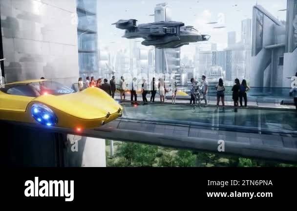 Futuristic city. 3d people and robots. Future concept. Realistic 4k ...