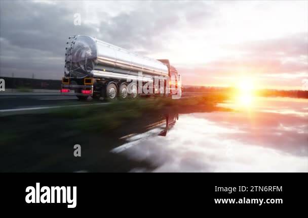 Gasoline tanker, Oil trailer, truck on highway. Very fast driving ...