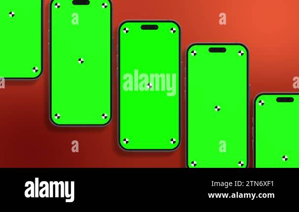 The smartphone's blank green screen with indicators flies in with ...