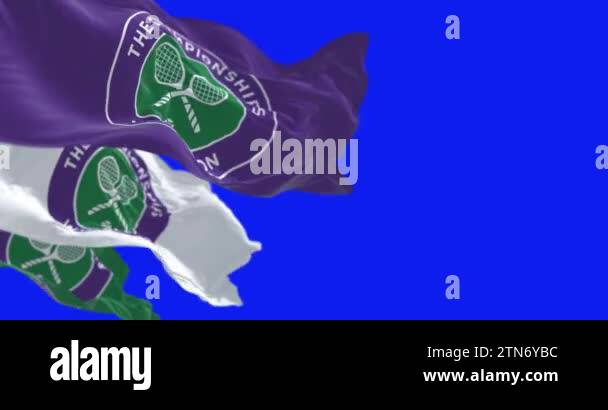London, UK, May 2023: The Championships Wimbledon flags waving on blue ...