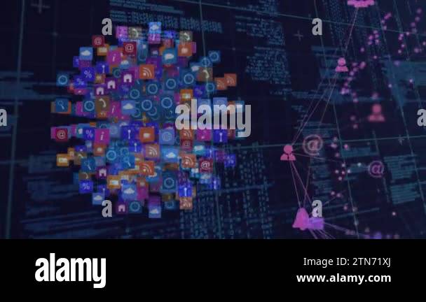 Animation of connected icons forming globes over computer language against black background ...