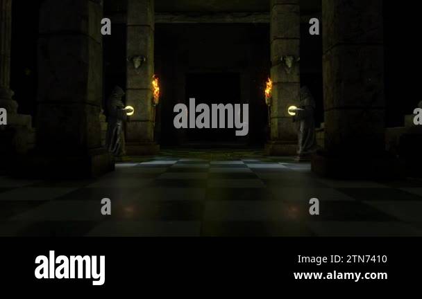 A secret hidden temple with mysterious stone statues, travelling along ...