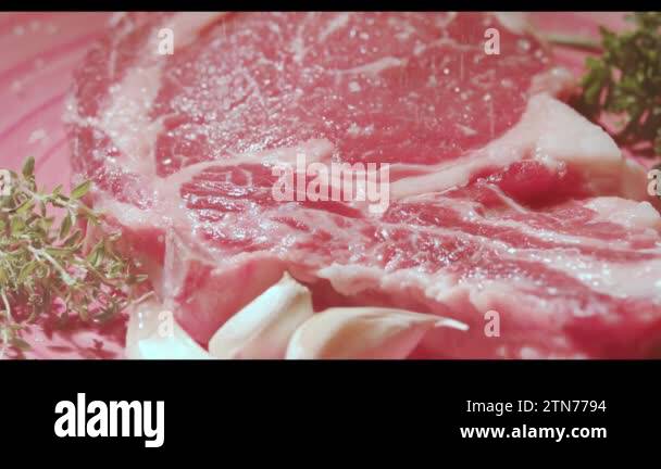 Salt meat. Fresh raw beef bone rib roughly close up. Fresh piece of raw ...