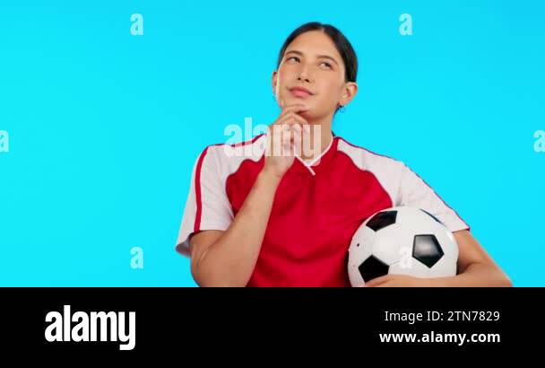 Young woman, soccer and thinking with ball, ideas and vision for career ...