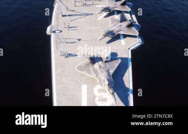 Aircraft carrier in sea, ocean with fighter. War and weapon concept ...