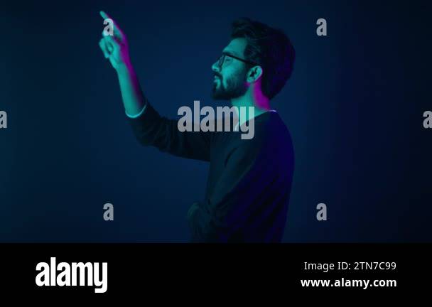 Infographic hologram editing template ultraviolet background Arabian man hi-tech internet ...