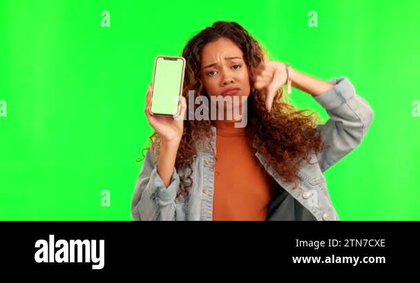 Green screen, thumbs down and woman face with phone mockup and bad ...