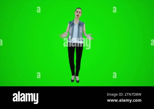 3D animation of a saleswoman standing on a green screen selling and ...