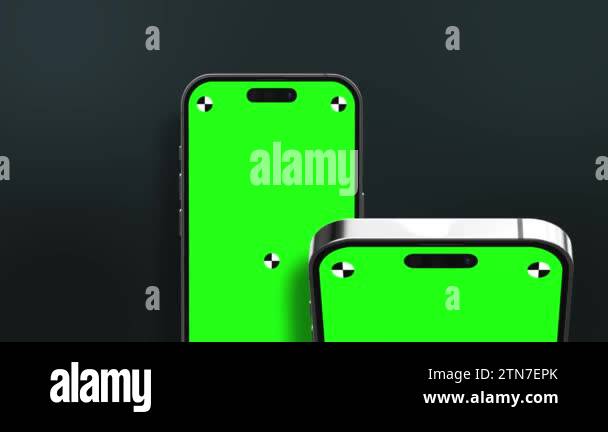 The smartphone's blank green screen with indicators flies in with ...