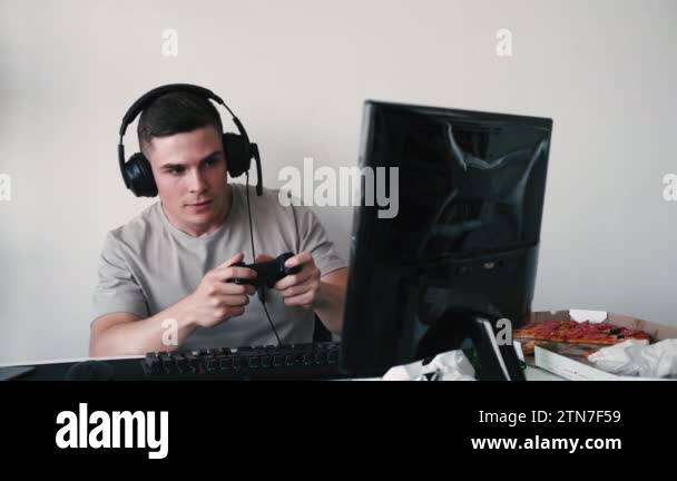 Video game. Male entertainment. Virtual competition. Man gamer in ...