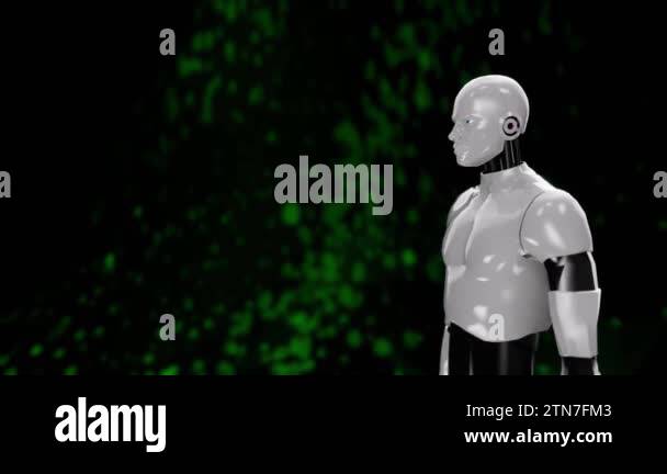 Half -body humanoid robot turning in loop, isolated white on dark green ...
