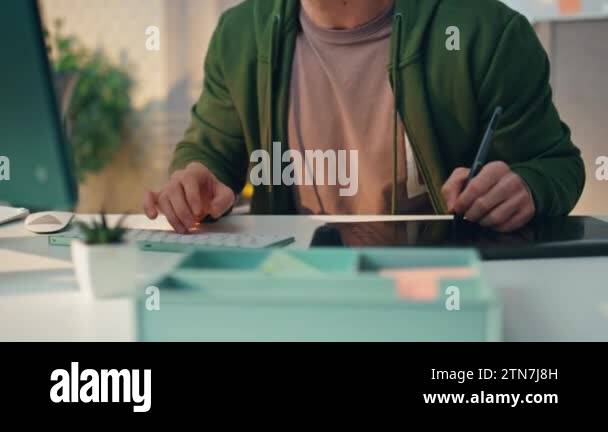 Focused designer working computer in office closeup. Professional ...