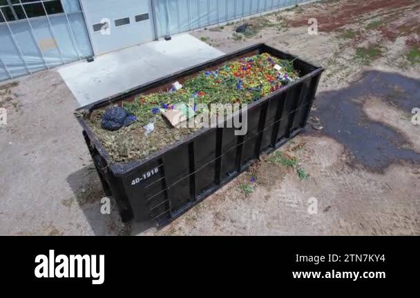 Tomato waste management near greenhouses aerial view. Greenhouse ...