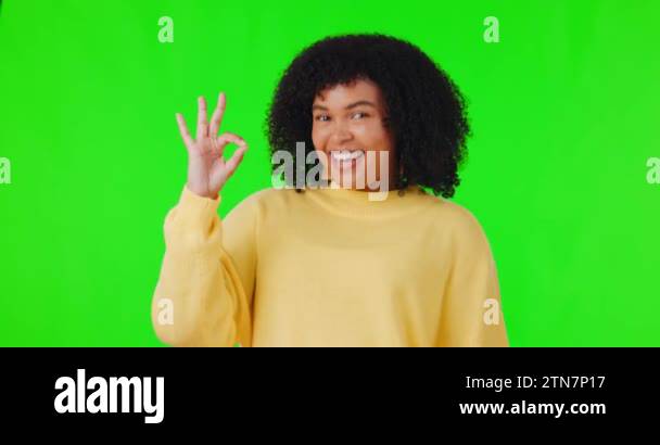 Woman, portrait with hand sign for ok on green screen, studio ...