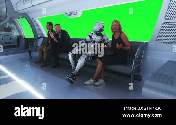 3d people and robots. Flying passenger train. Utopia. concept of the ...