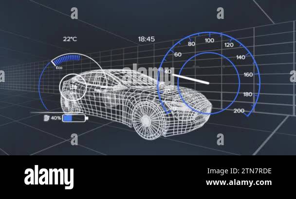 Animation of electric car digital interface over 3d car drawing. Global ...