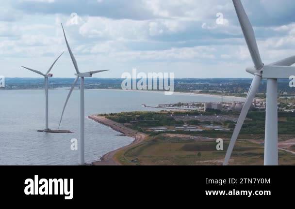 Aerial view of the wind turbines. Green ecological power energy ...