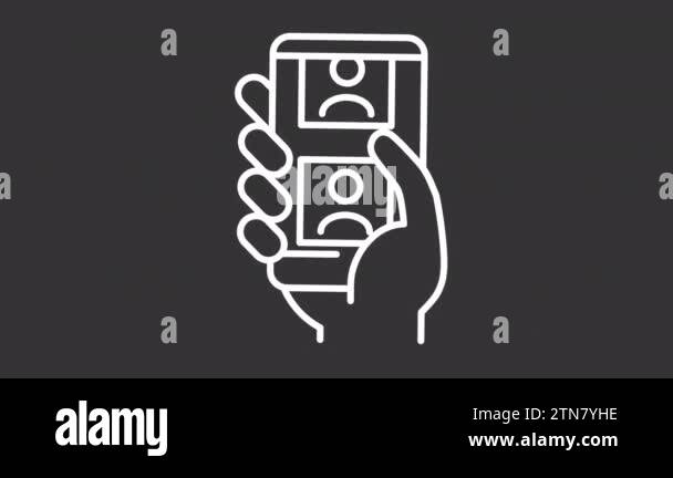 Scrolling icon animation, white line. Animated line hand holding smartphone. Phone contacts ...