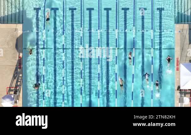 People enjoying pool facilities while swimming as seen from above ...