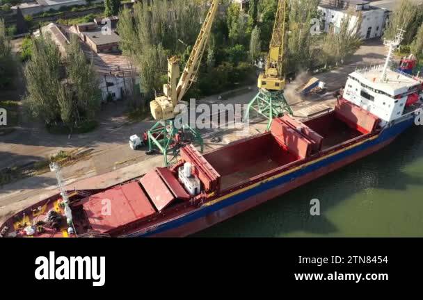 Grain transshipment from container to ship cargo holds with dual scoop ...