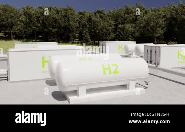 Hydrogen renewable energy tanks in facility on the woods. 3D animation ...